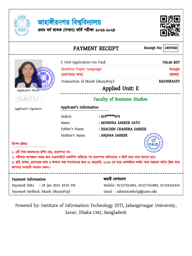 Payment Receipt: Faculty of Business Studies | PDF