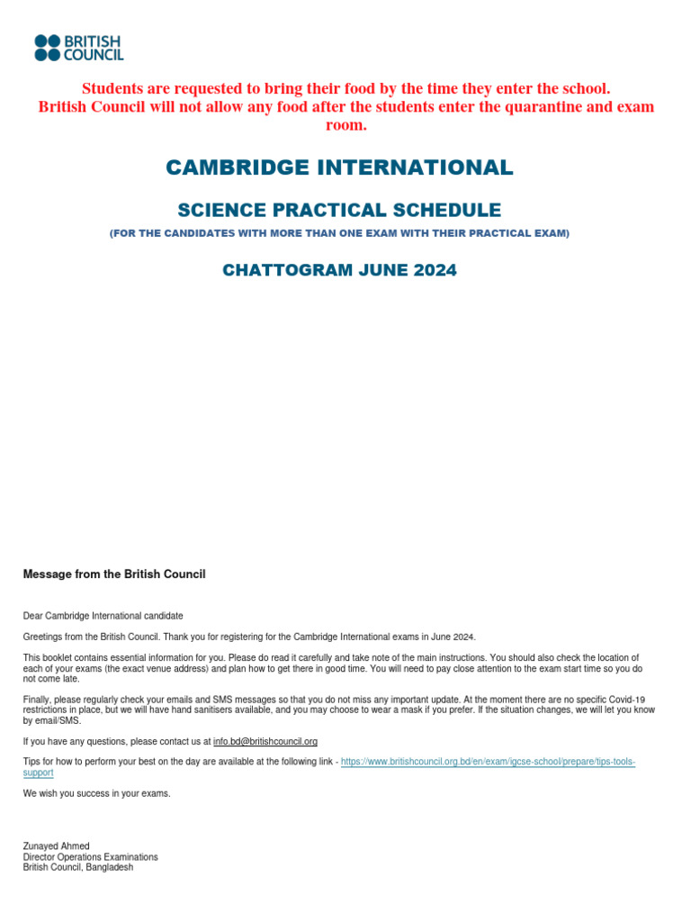 Cambridge International Science Practical With Written Exam Schedule Chattogram | PDF