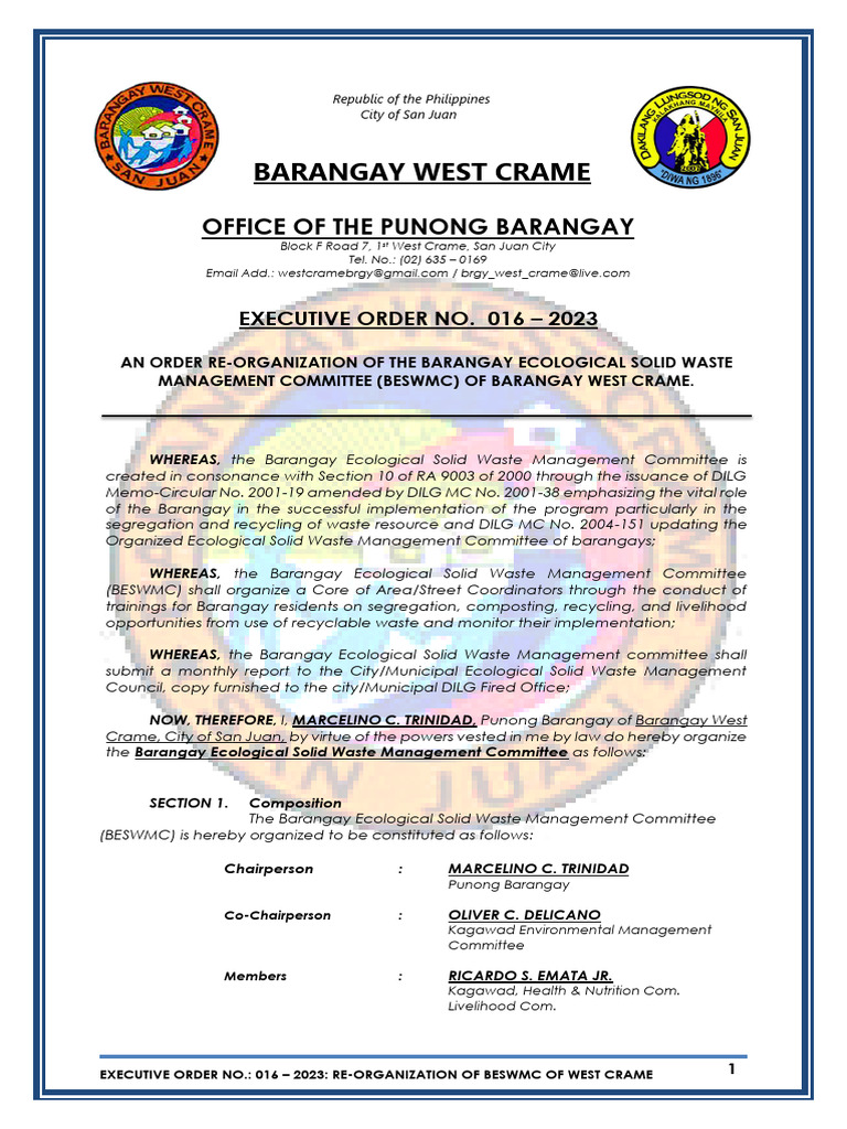 Reorganization of BESWMC in West Crame | PDF | Waste Management ...