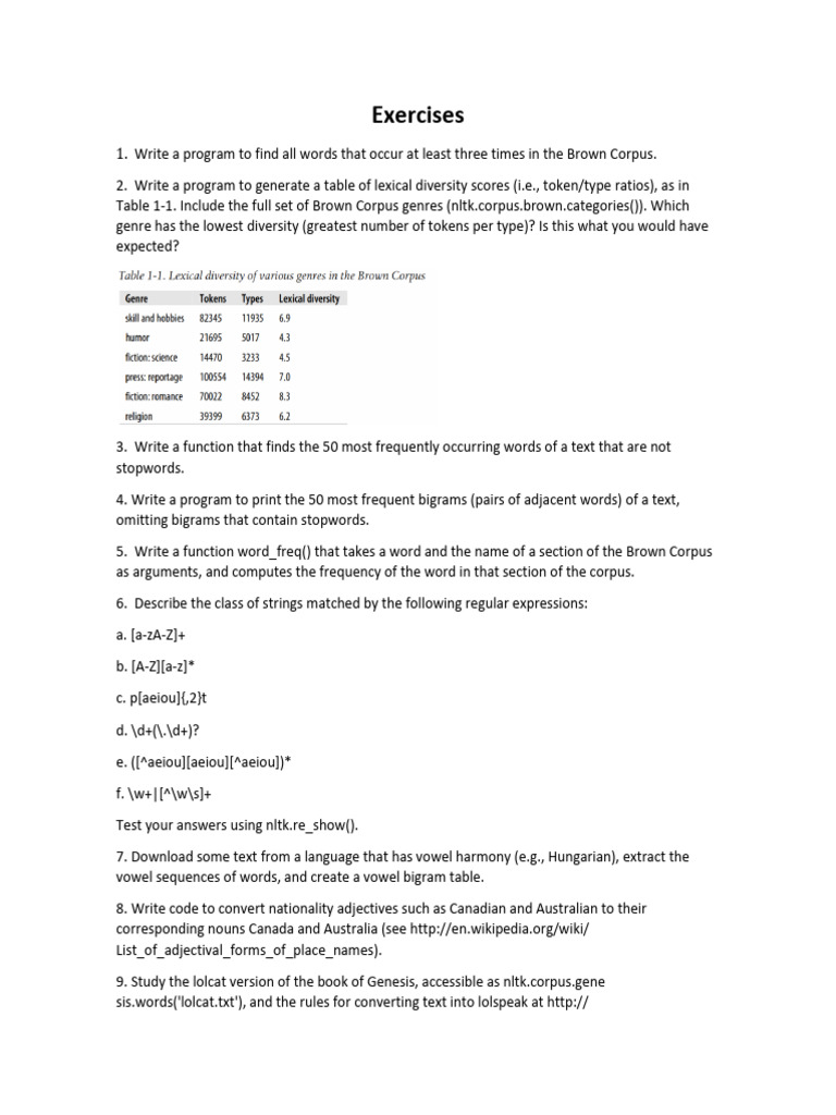 Nlp Exercises Pdf Word Linguistics 7738