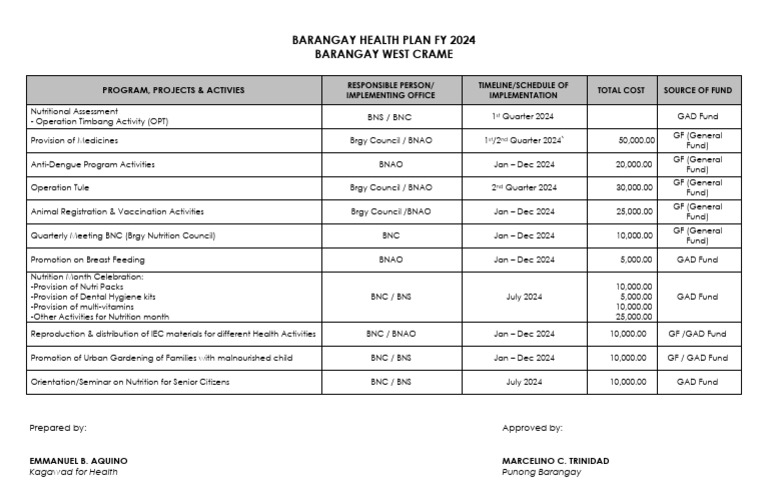Barangay Health Plan Fy 2024 | PDF | Medicine | Health Sciences
