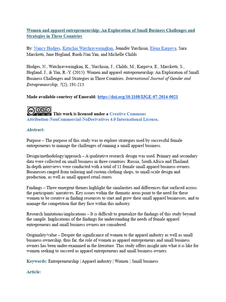 E Karpova Women 2015 | Download Free PDF | Entrepreneurship | Startup Company