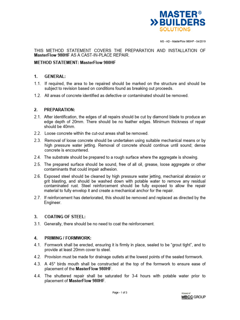 Masterflow 980 HF Ms | Download Free PDF | Concrete | Water