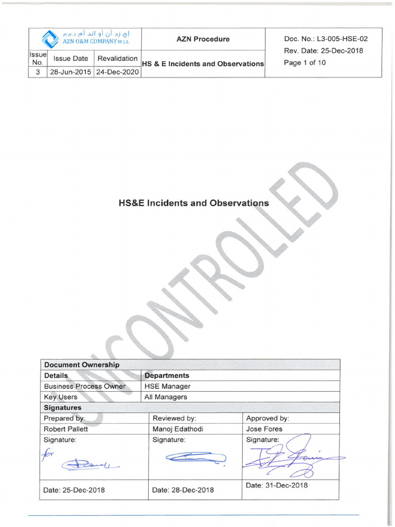 L3-005-HSE-02 HS & E Incidents and Observations | PDF | Risk ...