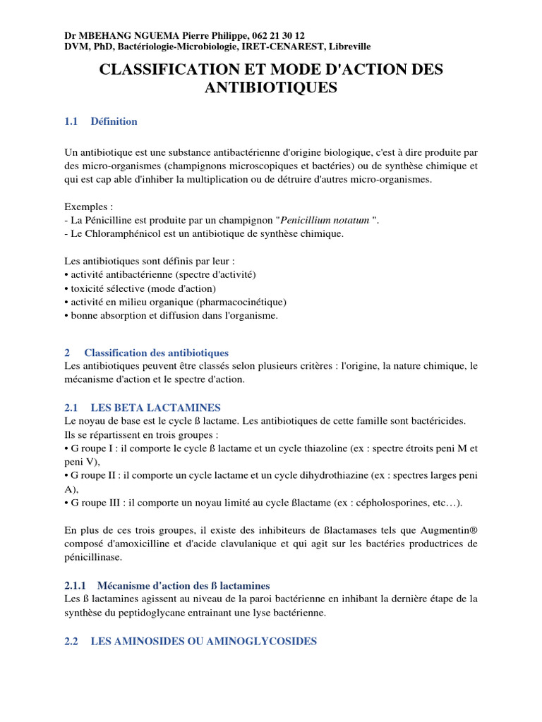 Classification Et Mode Des Antibiotiques | PDF | Antibiotiques | Bactérie