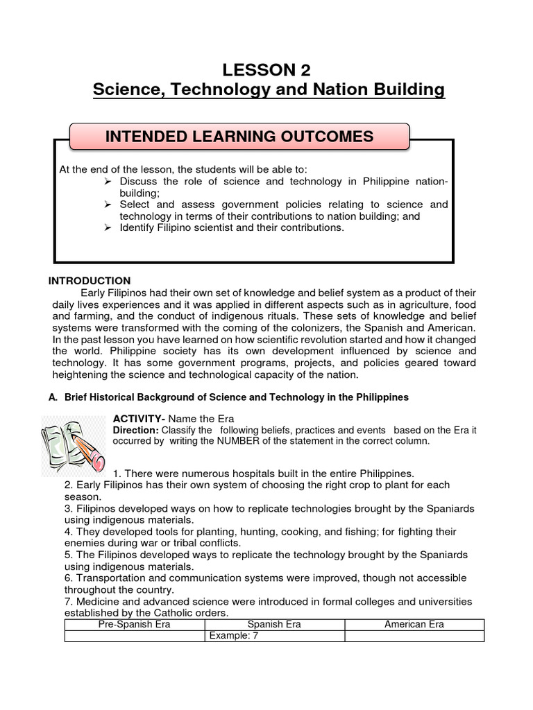 Lesson 2 Science, Technology and Nation Building: Intended Learning Outcomes | PDF | Science ...