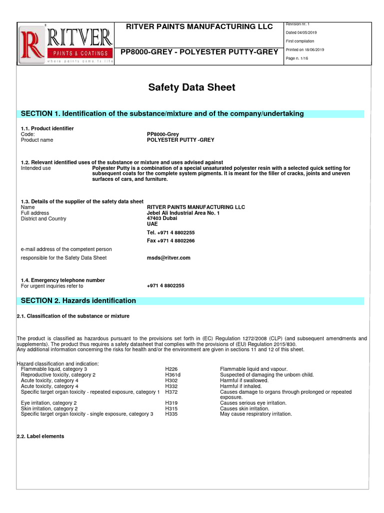 Polyester Putty Grey Safety Data Sheet | PDF | Toxicity | Hazards