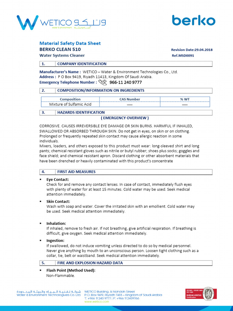 MSDS New BERKO CLEAN 510 | PDF | Water | Waste