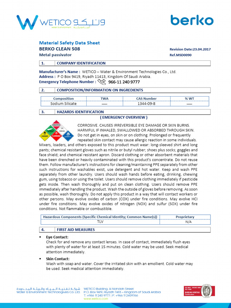 MSDS New BERKOCLEAN 508 | PDF | Water | Personal Protective Equipment