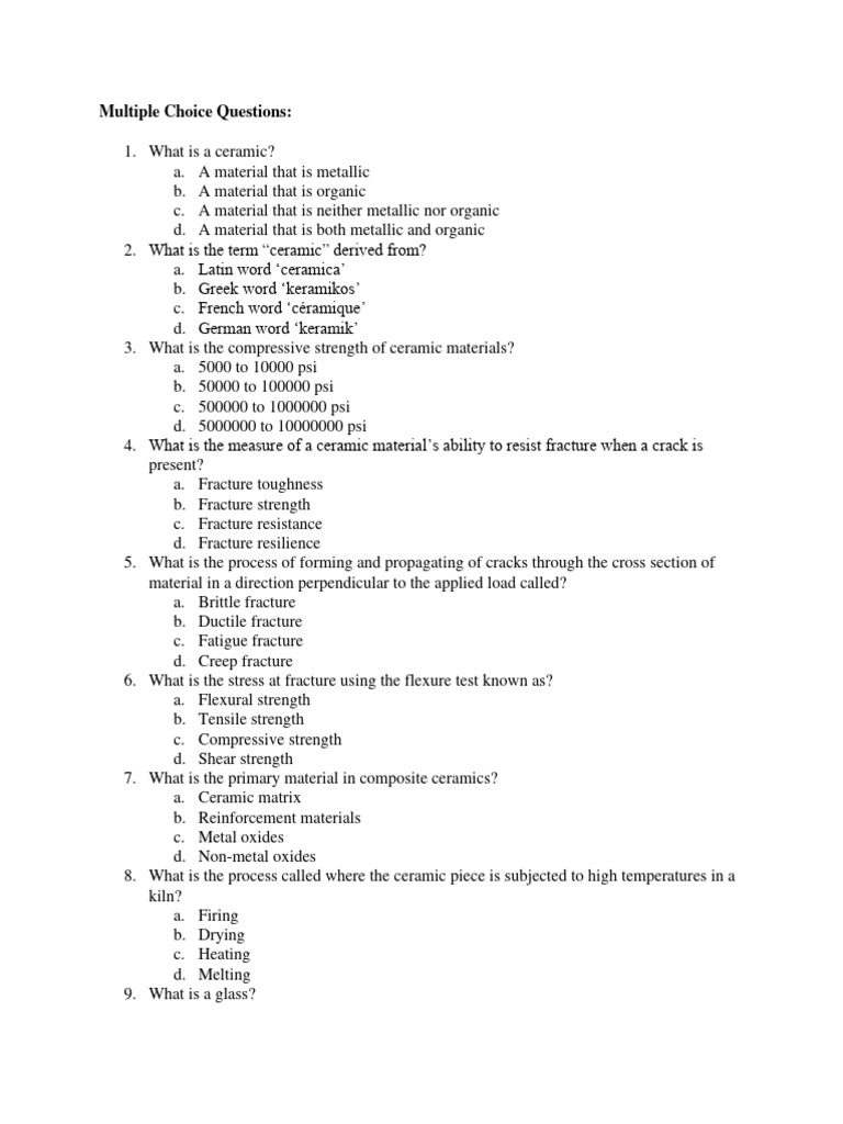 Ceramics Quiz | PDF | Fracture | Ceramics