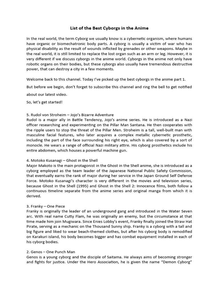 Top 5 Anime Cyborgs Ranked | PDF | Cyborg