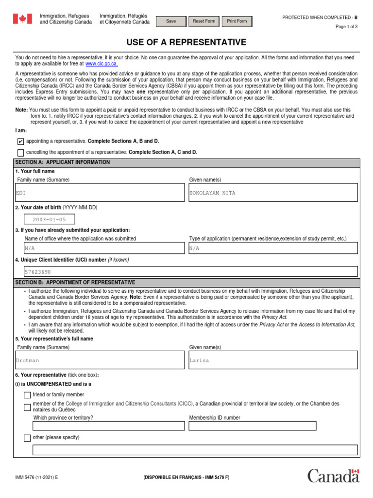 Nita - Use of Representative Form - Imm5476e | PDF | Justice | Crime & Violence