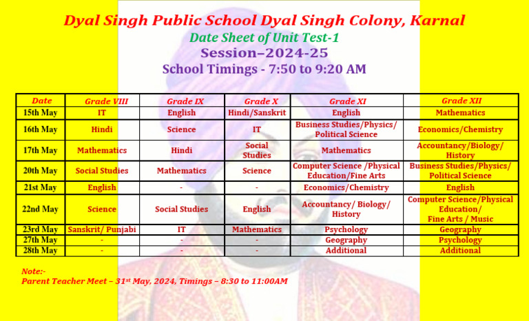 Date Sheet of Unit Test-I - Class 8th To 12th | PDF