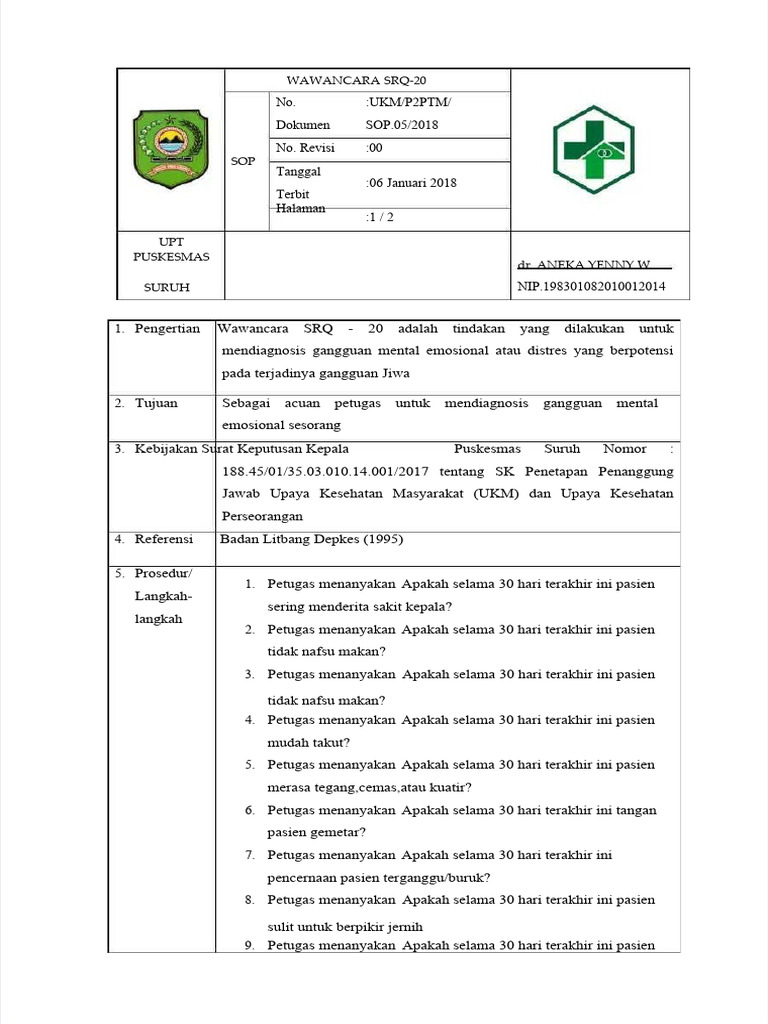 Sop Pemeriksaan Jiwa SRQ-20 | PDF