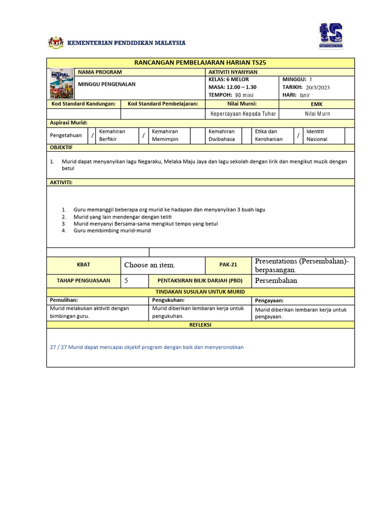 Minggu Pertama Rancangan Pembelajaran Harian Ts25 | PDF