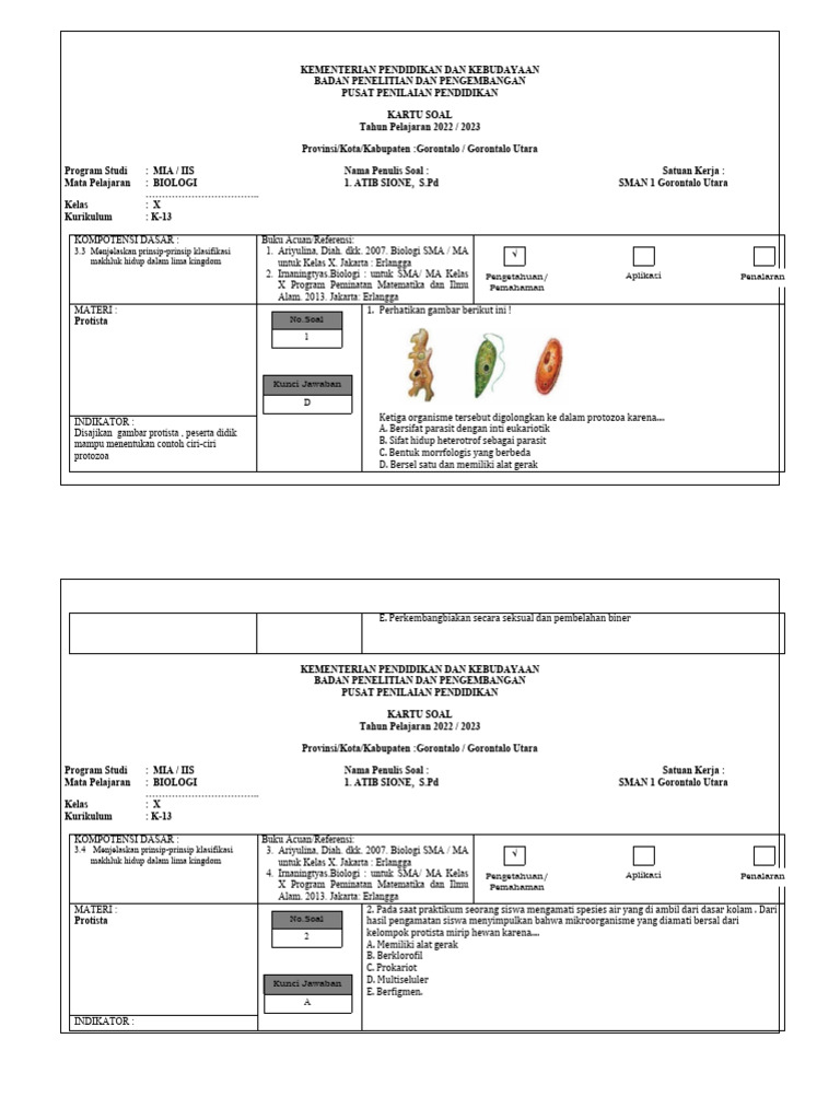 Kartu Soal Biologi KLS X Atib | PDF