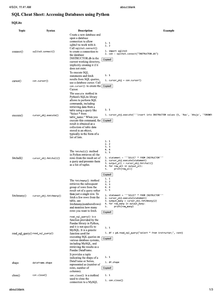 Python dbAPI Cheatsheet | PDF