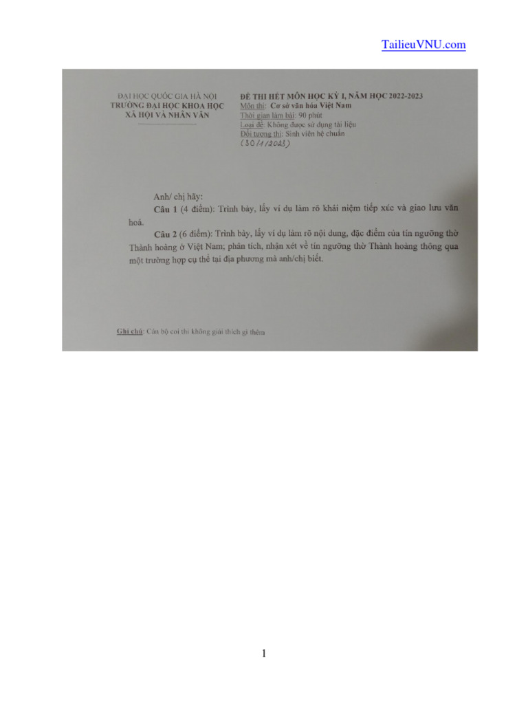 Đề Thi Cơ Sở Văn Hóa Việt Nam Kỳ 1 Năm Học 2022-2023 - USSH | PDF
