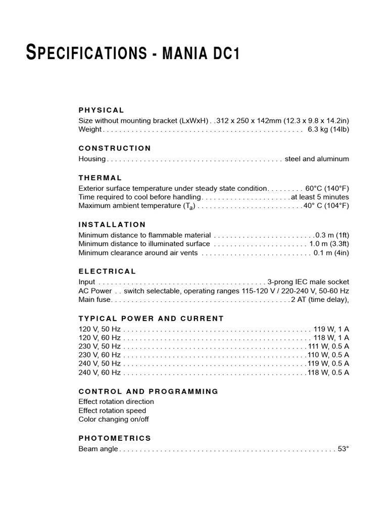 mania_dc1_spec | PDF | Electrical Components | Electricity