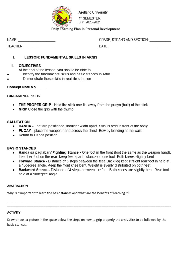 Arnis Fundamental Skills Lesson Plan | PDF