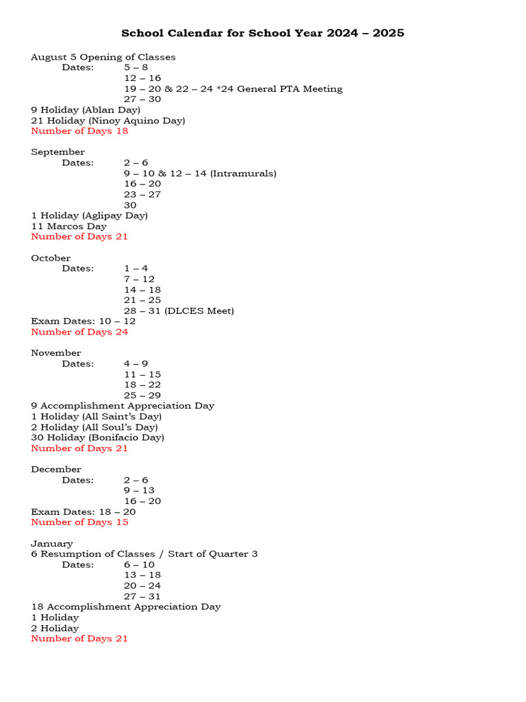 School Calendar For School Year 2024 | PDF
