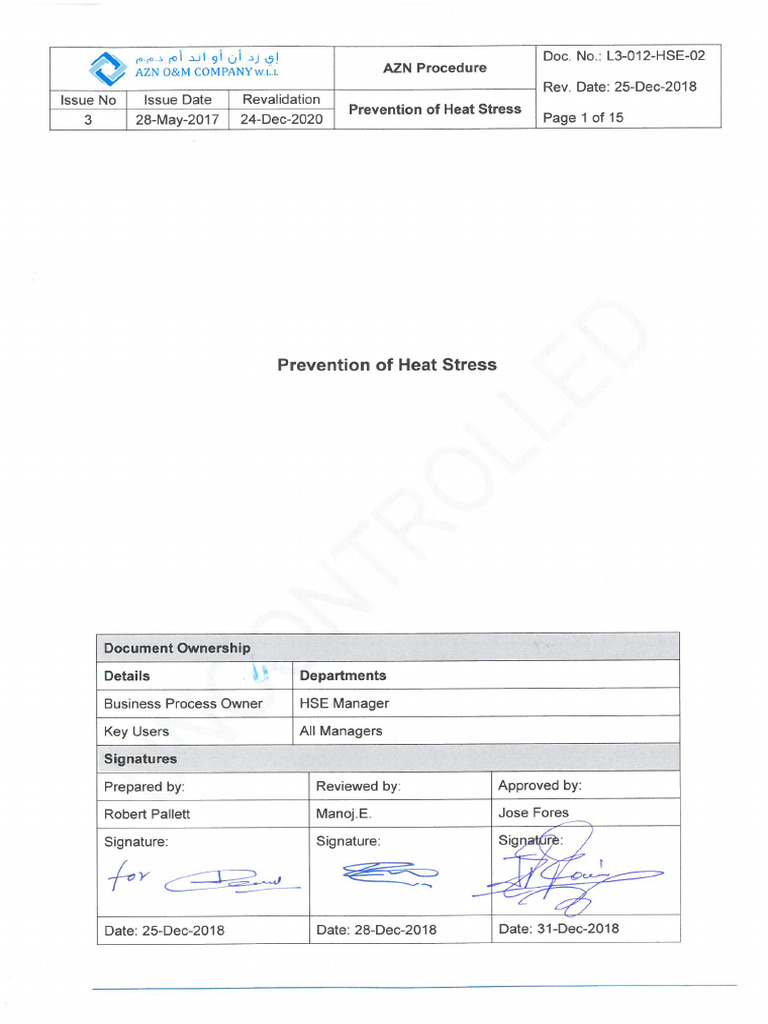 L3-012-HSE-02 Prevention of Heat Stress. | PDF | Hyperthermia | Humidity