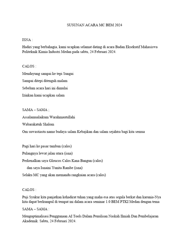 SUSUNAN ACARA MC BEM 2024 | PDF