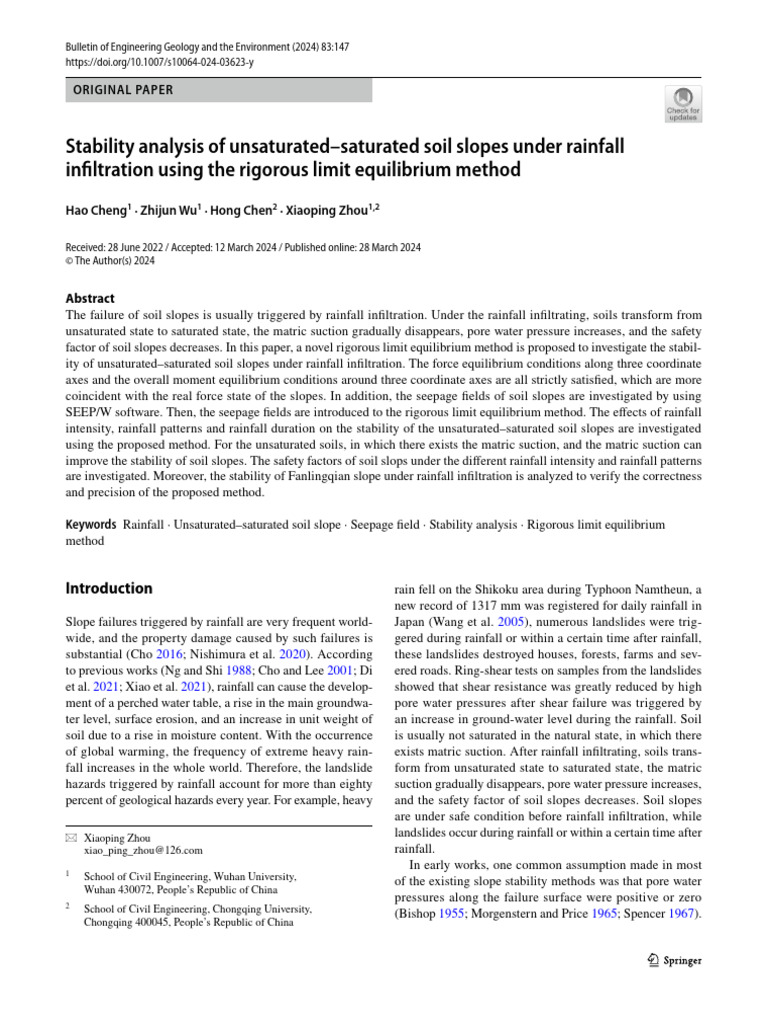 Stability Analysis of Unsaturated-Saturated Soil Slopes Under Rainfall Infiltration Using The ...