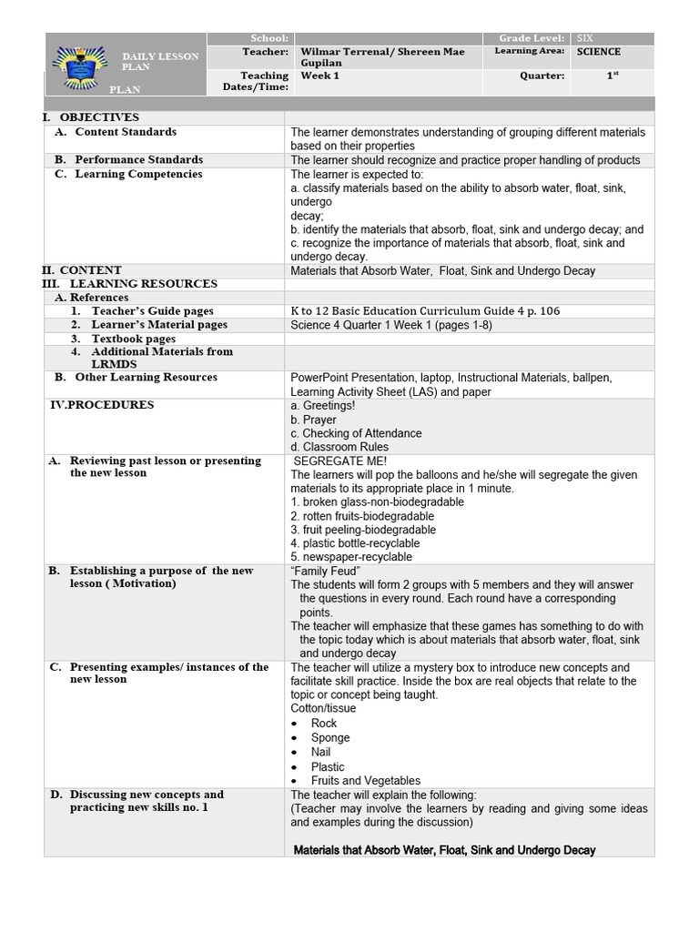 SCIENCE-6-Lesson-Plan | PDF | Buoyancy | Decomposition