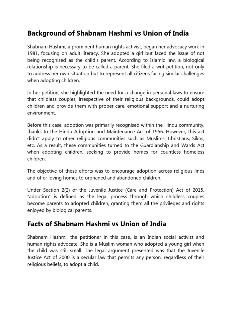 Shabnam Hashmi Vs Union of India | PDF | Adoption | Parent