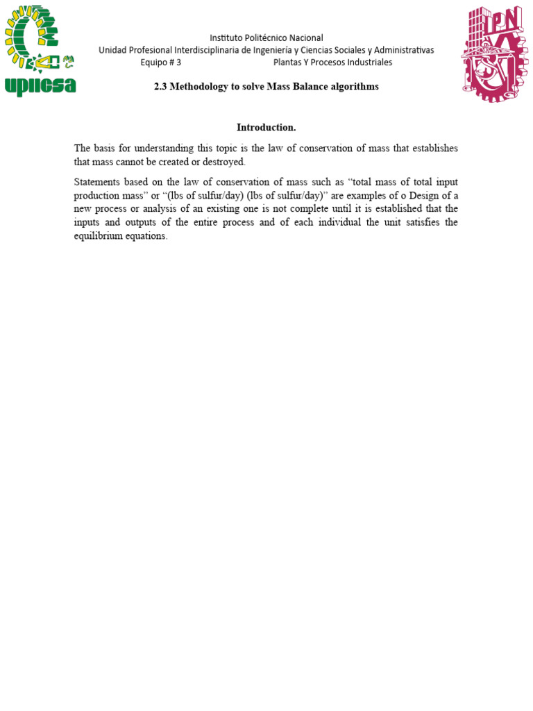 2.3 Methodology to solve Mass Balance algorithms | PDF | Equations | Mole (Unit)