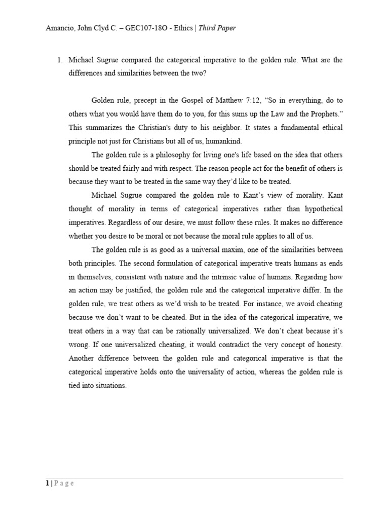 Ethics - Third Paper | PDF | Immanuel Kant | Golden Rule