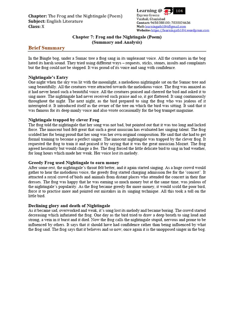 The Frog and The Nightingale Summary Analysis | PDF | Wolfgang Amadeus ...