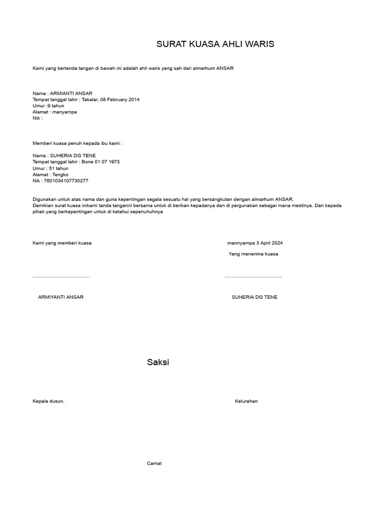 Surat Kuasa Ahli Waris ANSAR | PDF