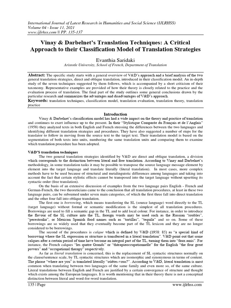 Vinay & Darbelnet’s Translation Techniques - A Critical Approach to Their Classification Model ...