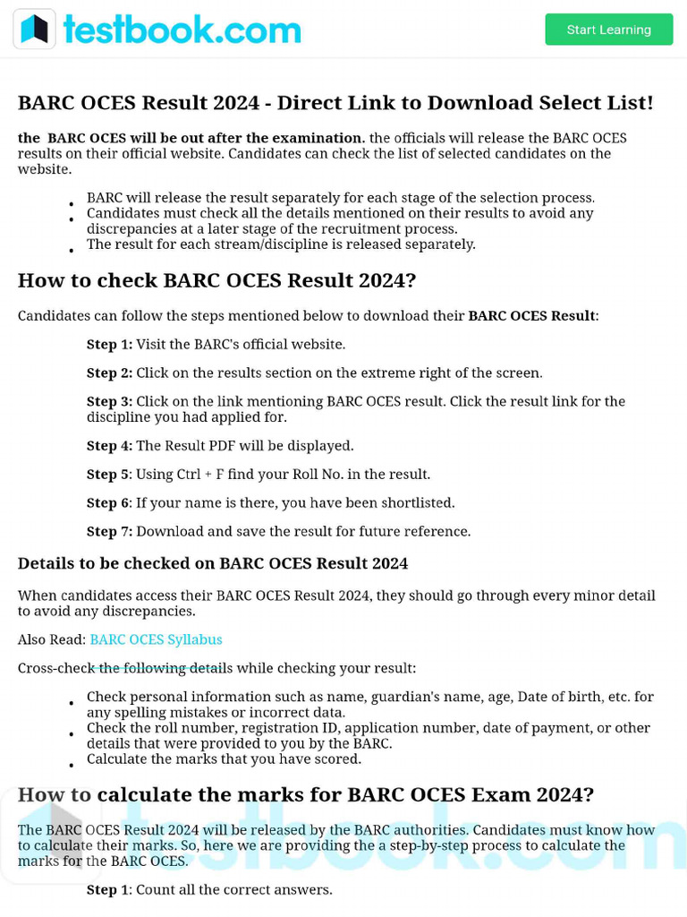 BARC OCES Result 2024 - Direct Link To Download Select List! | PDF