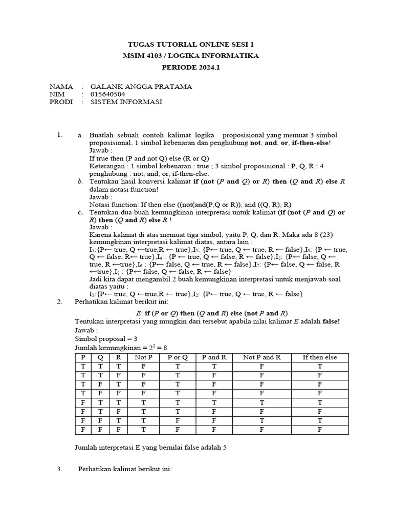 Tugas 1 Logika Informatika - Galank Angga Pratama - 015640504 | PDF