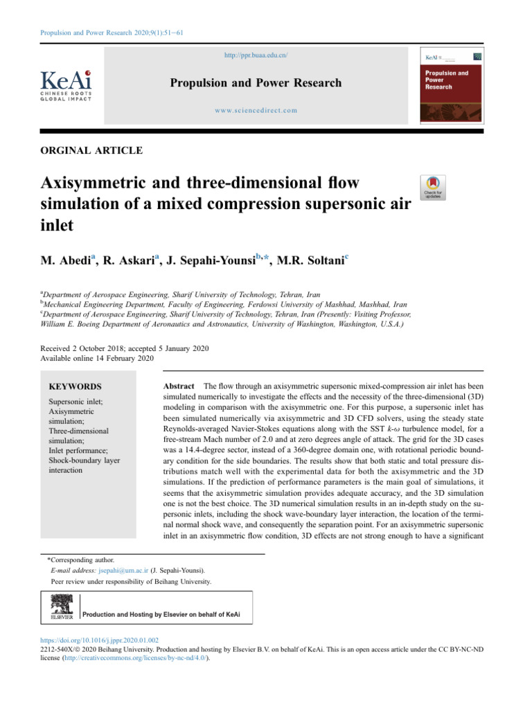 Axisymmetric and Three-Dimensional Flow Simulation of A Mixed Compression Supersonic Air Inlet ...
