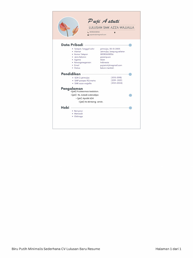 Biru Putih Minimalis Sederhana CV Lulusan Baru Resume | PDF