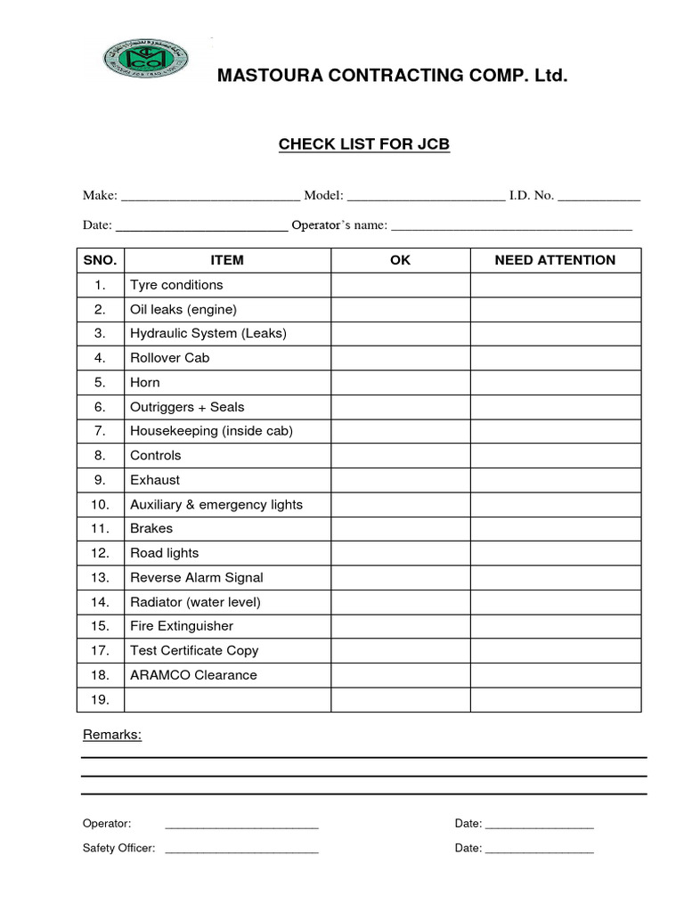JCB Safety Inspection Checklist | PDF