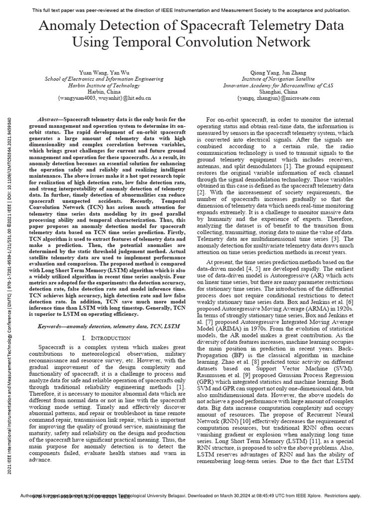 Anomaly Detection Of Spacecraft Telemetry Data Using Temporal Convolution Network Pdf Time