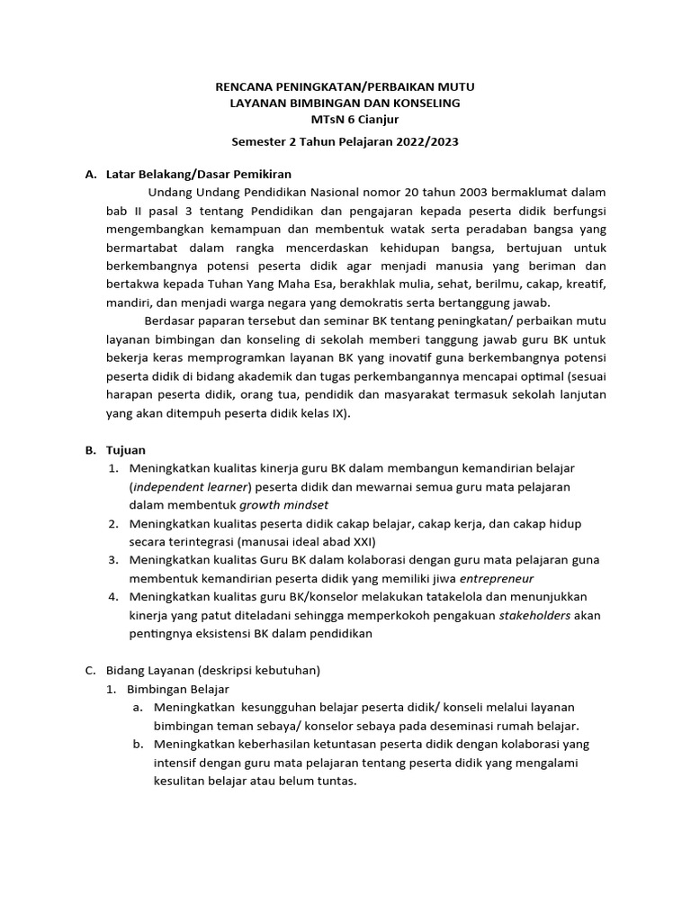 Rencana Peningkatan Layanan BK MTsN 6 | PDF