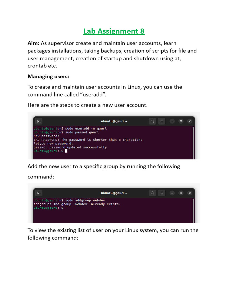 Lab Assignment 8: Aim: As Supervisor Create and Maintain User Accounts ...