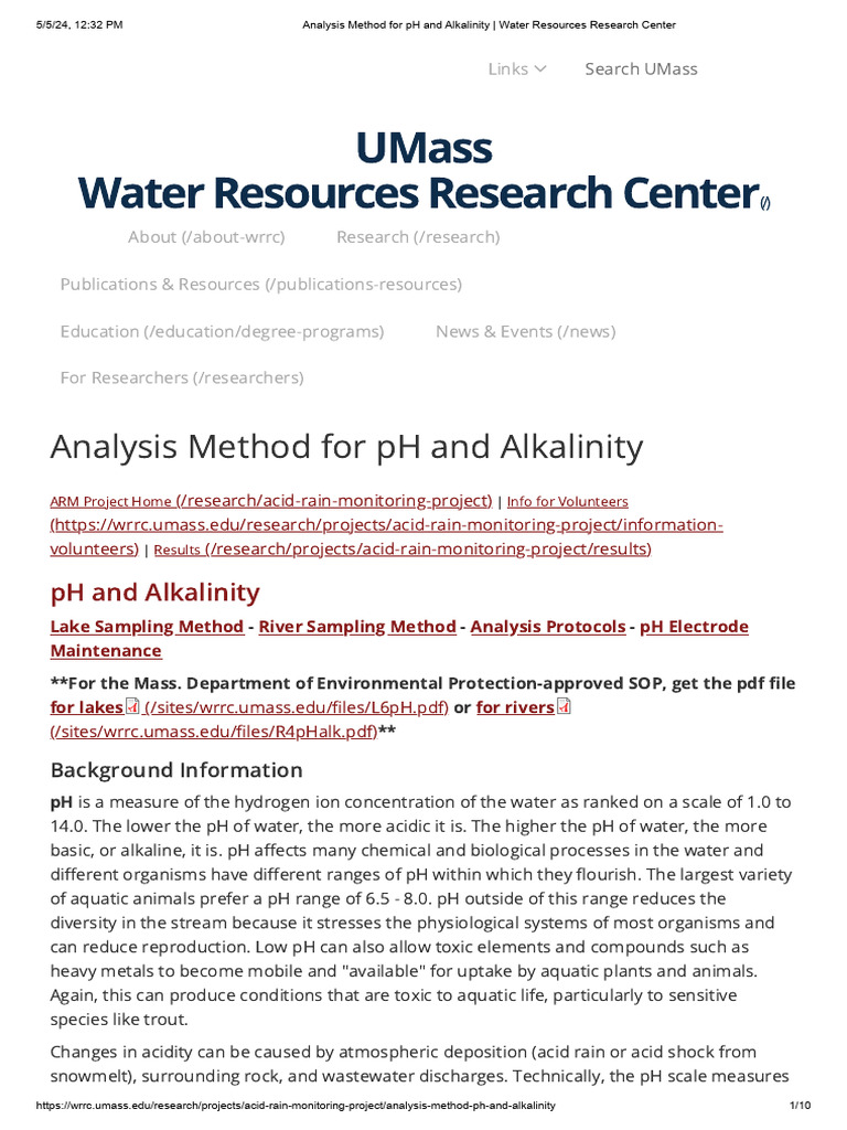 Analysis Method For PH and Alkalinity - Water Resources Research Center | PDF | Ph | Alkalinity