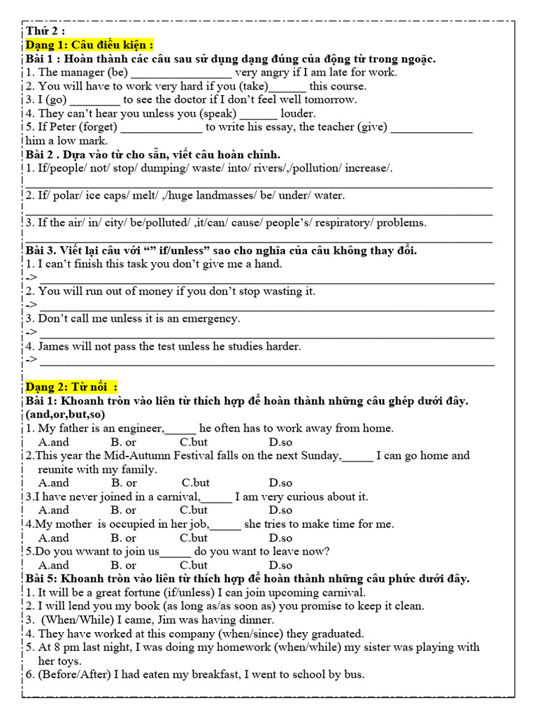 English Grammar Exercises: Conditional Sentences, Conjunctions, Articles, and More | PDF | Meal ...