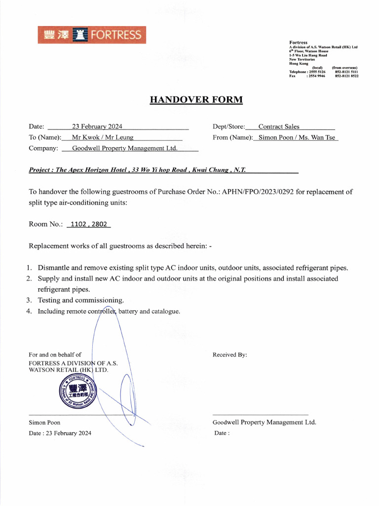 Handover Form for AC Unit Replacement | PDF | Hong Kong | South China
