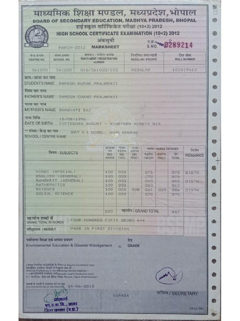 10th Marksheet | PDF