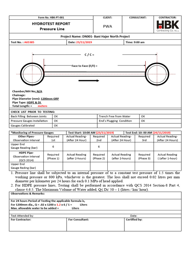 Hydrotest Report for DN001 Project | PDF | Pressure | Chemical Engineering