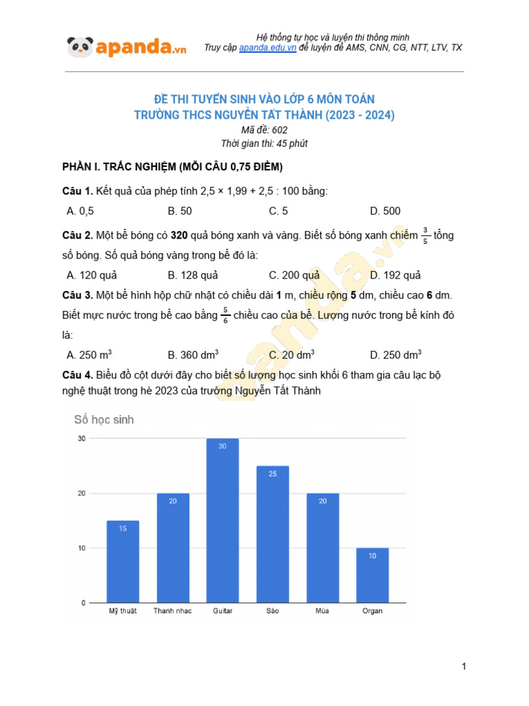 Đề thi Toán Nguyễn Tất Thành 2023-2024 [Mã đề 602] | PDF