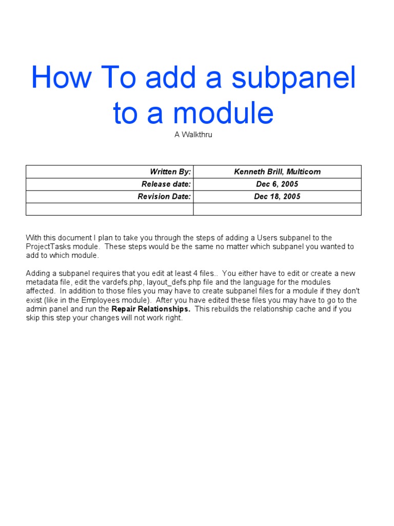Add Subpanel to ProjectTasks Module Guide | PDF | Array Data Type ...